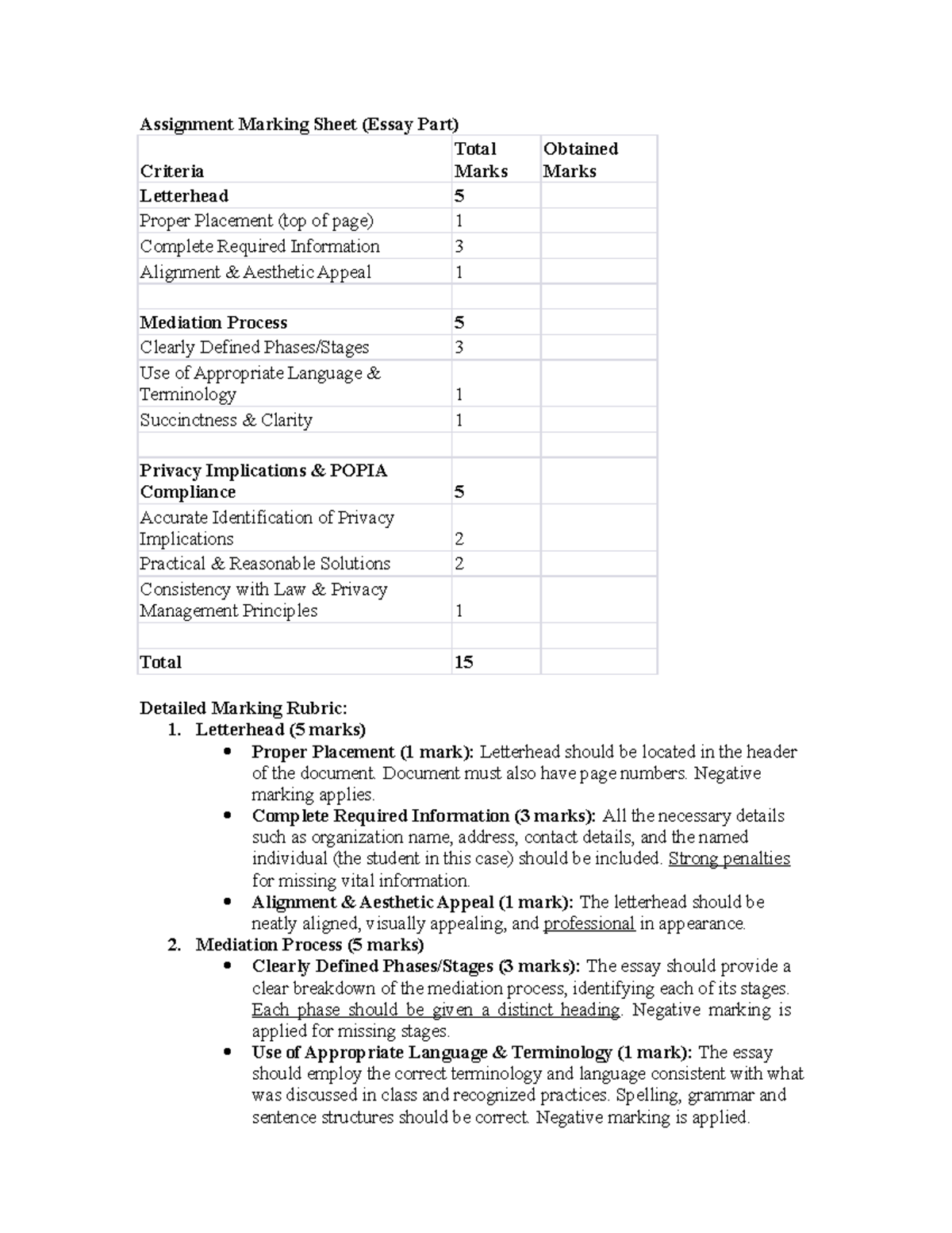 RPK Marking Rubric - Essay - Assignment Marking Sheet (Essay Part ...