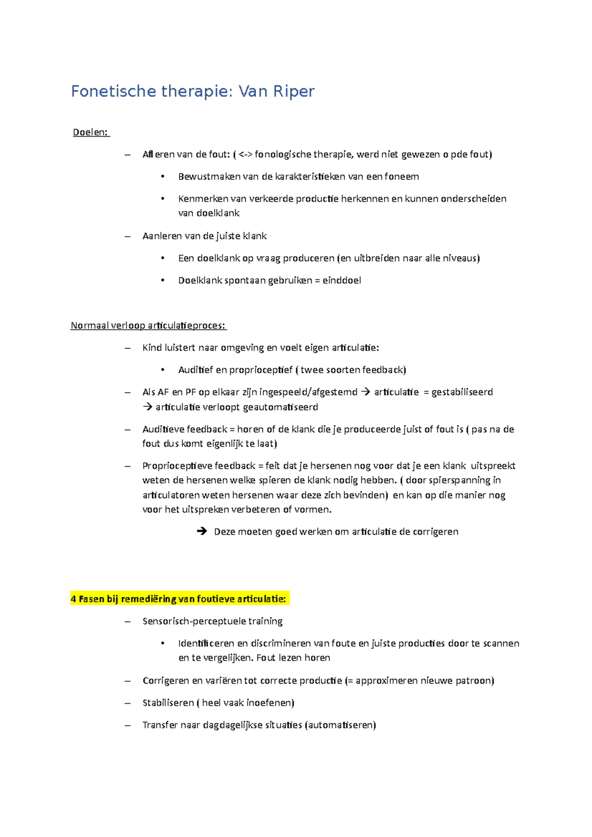 Fonetische Therapie van Riper: Doelen en Fasen van Remediëring - Studocu