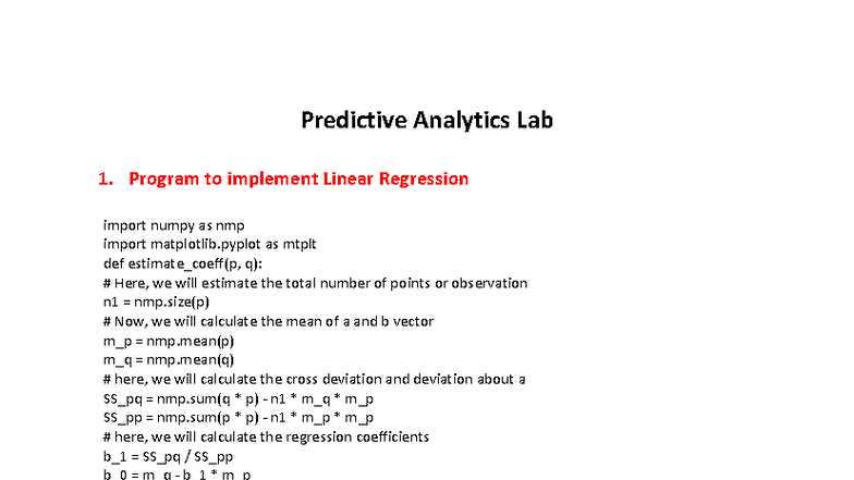 Predictive Analytics (PA) Lab 1: Linear Regression Implementation - Studocu