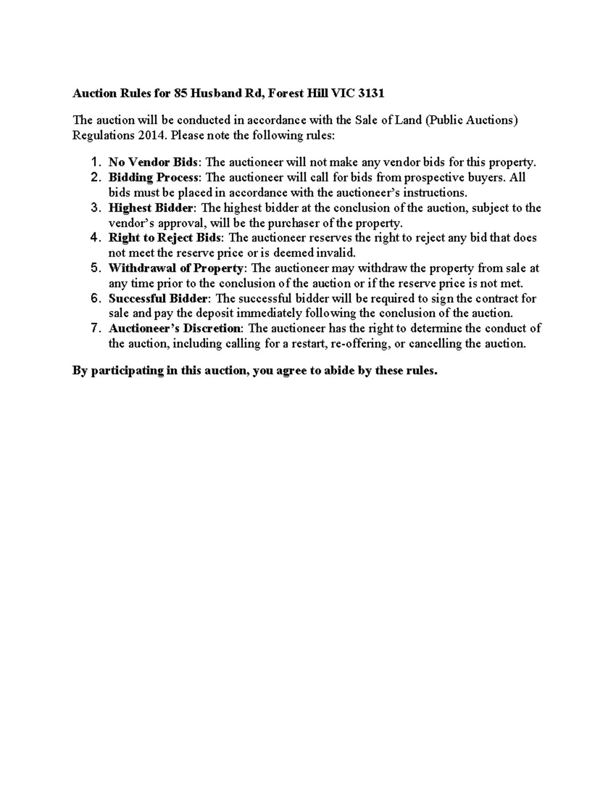Auction Rules for 85 Husband Rd, Forest Hill VIC - Regulations 2014 ...