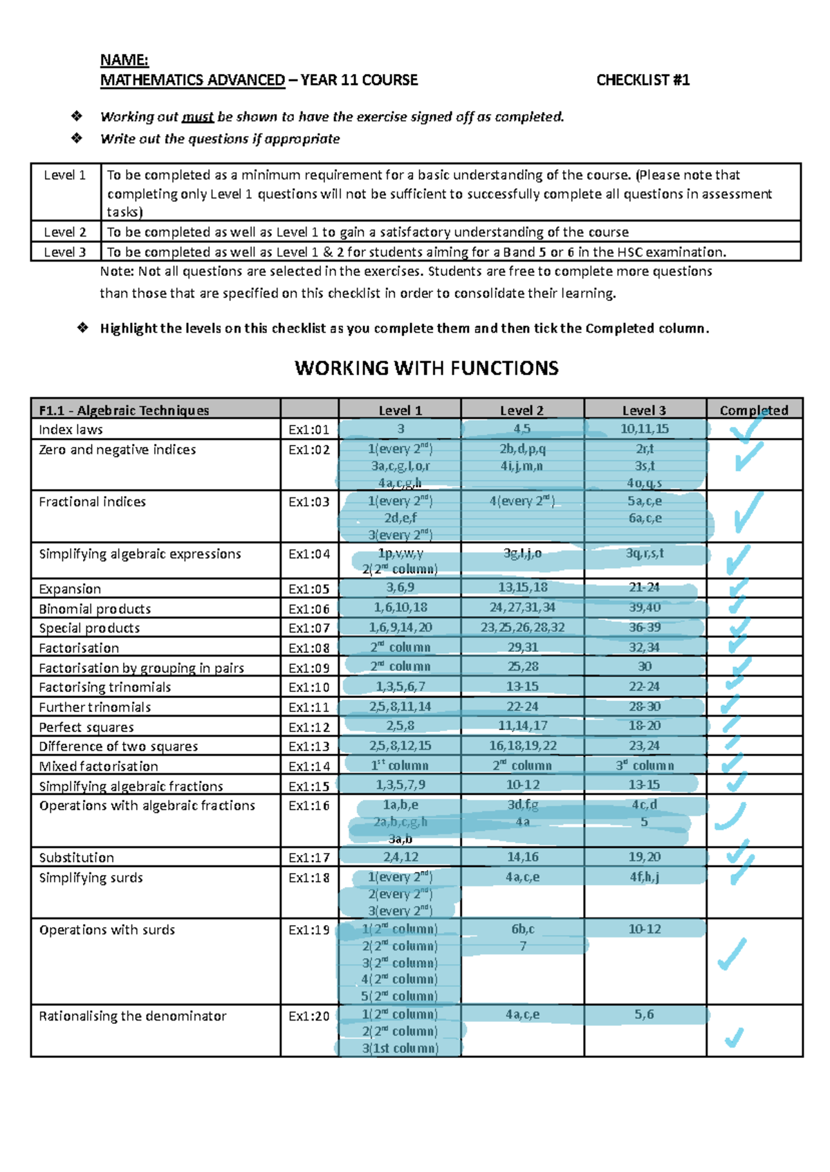 Yr 11 Mathematics Advanced Course Checklist: Functions & Levels - Studocu