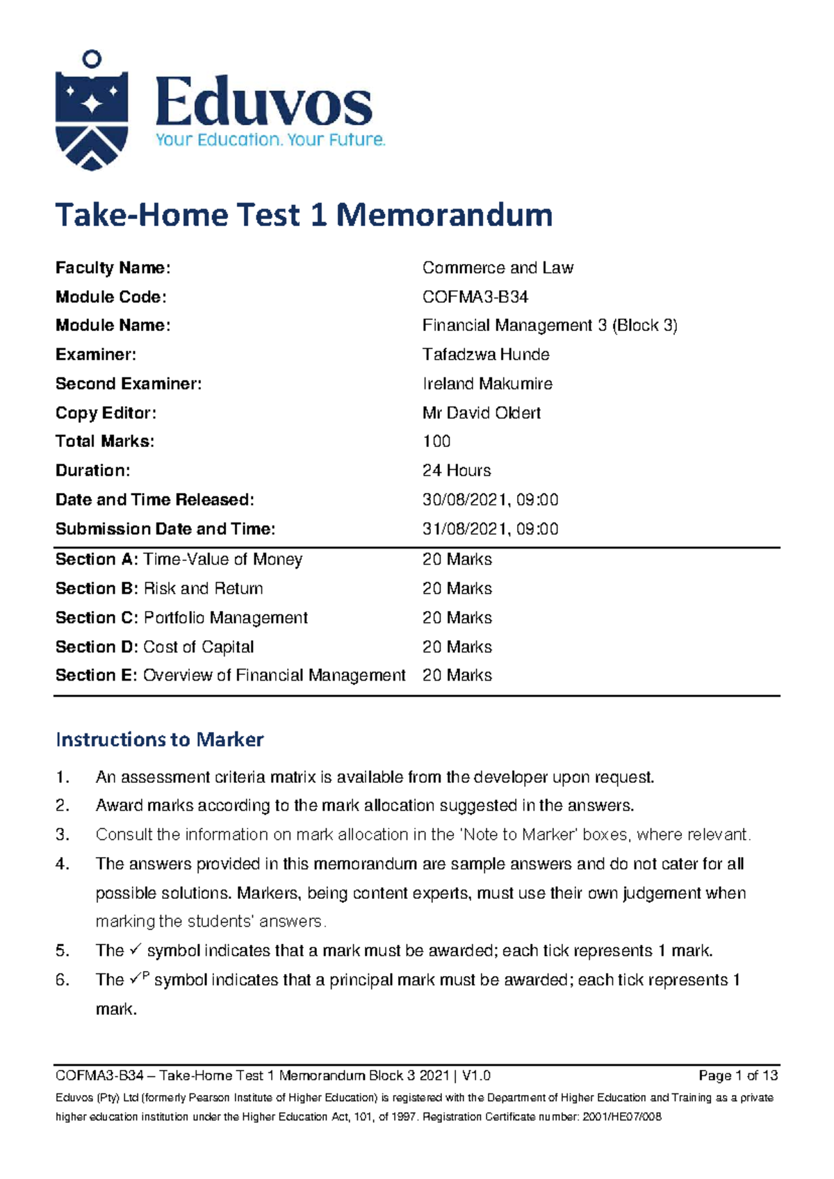 Cofma 3-B34 - Financial Management 3 Test 1 Memorandum 2021 - Studocu