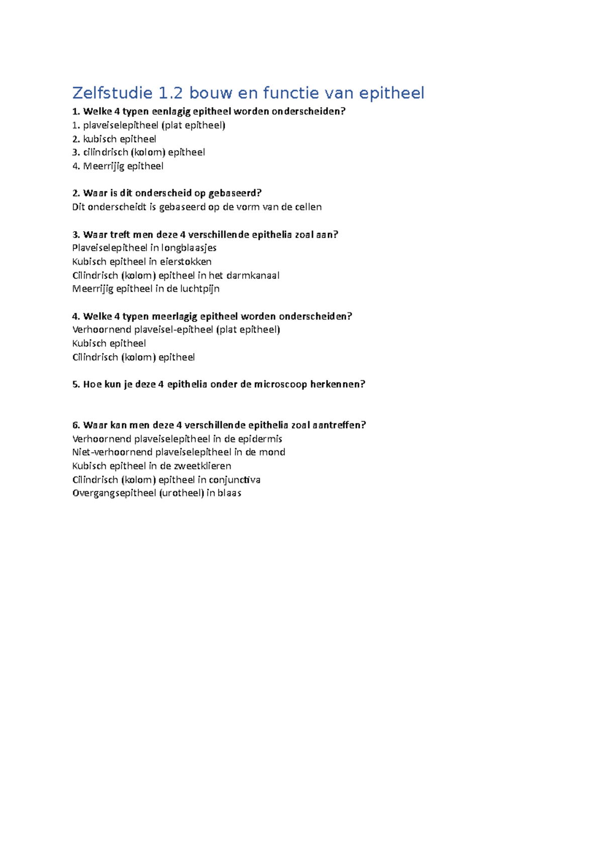 Zelfstudies Epitheel en Bindweefsel: Bouw, Functies en ...