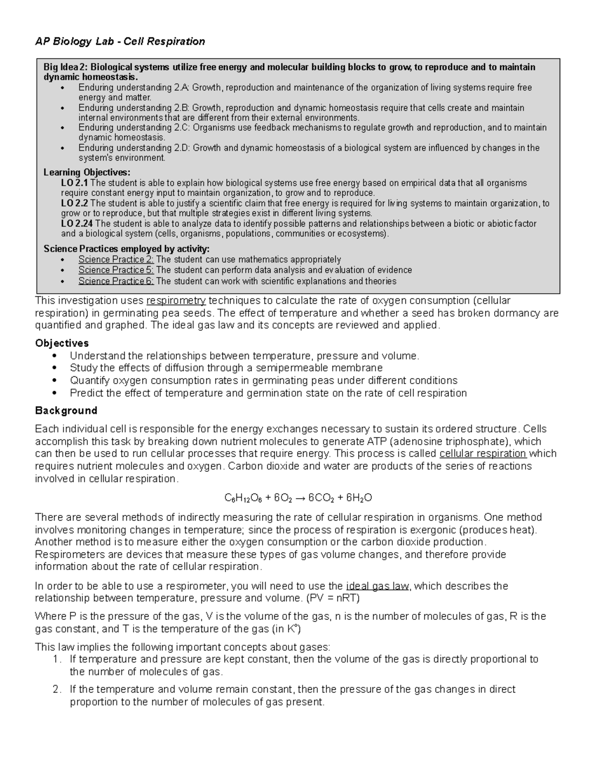 AP Biology Lab: Investigating Cellular Respiration in Peas - Studocu