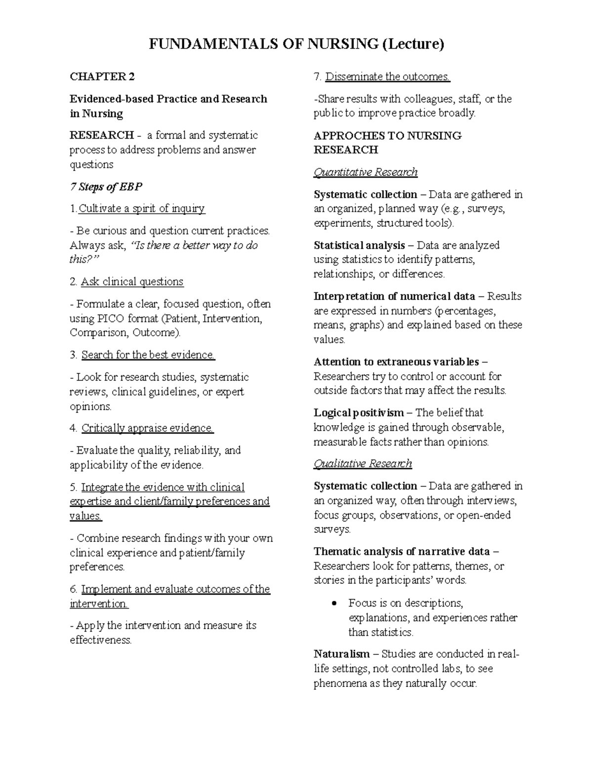FUNDAMENTALS OF NURSING (Lecture) CHAPTER 2-7: EBP, Research, and ...