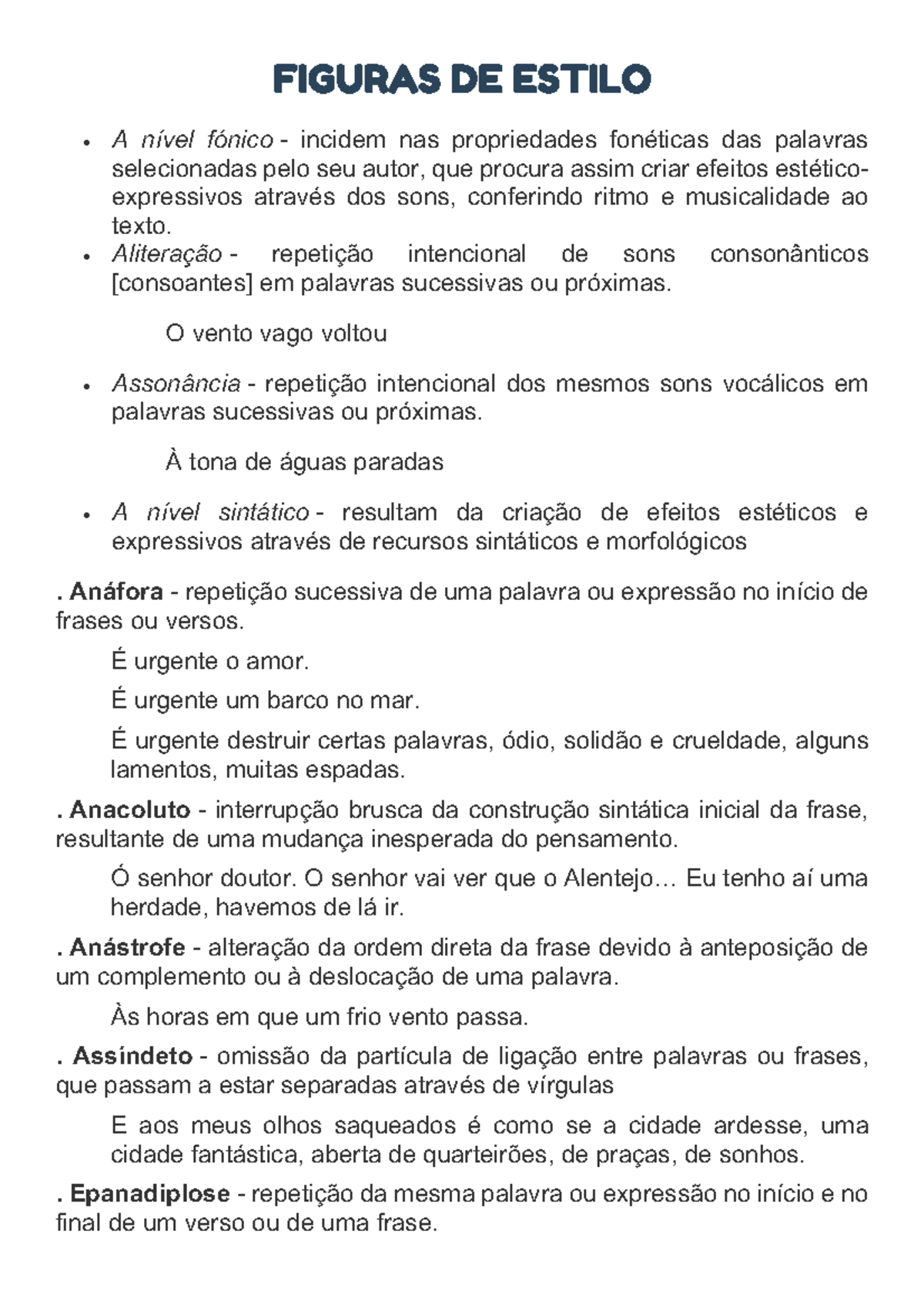 Figuras de estilo - resumos de português - FIGURAS DE ESTILO A nível fónico - incidem nas - Studocu