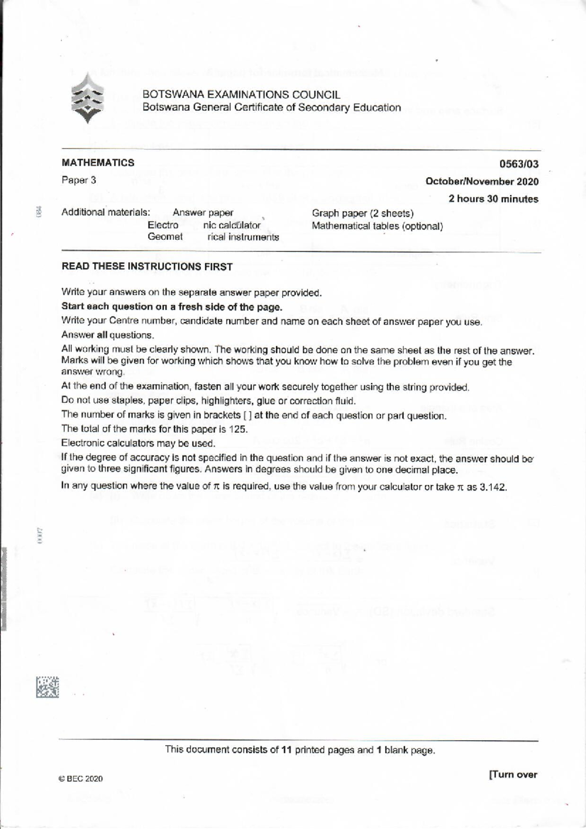 BEC 2020 Mathematics Paper 3 Exam Instructions and Questions - Studocu