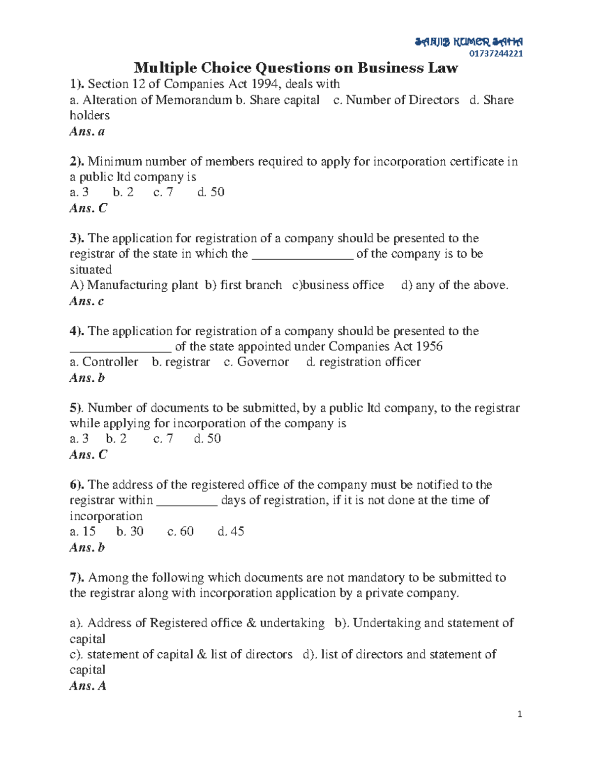 Business Law - MCQ Practice Questions & Answers - Studocu