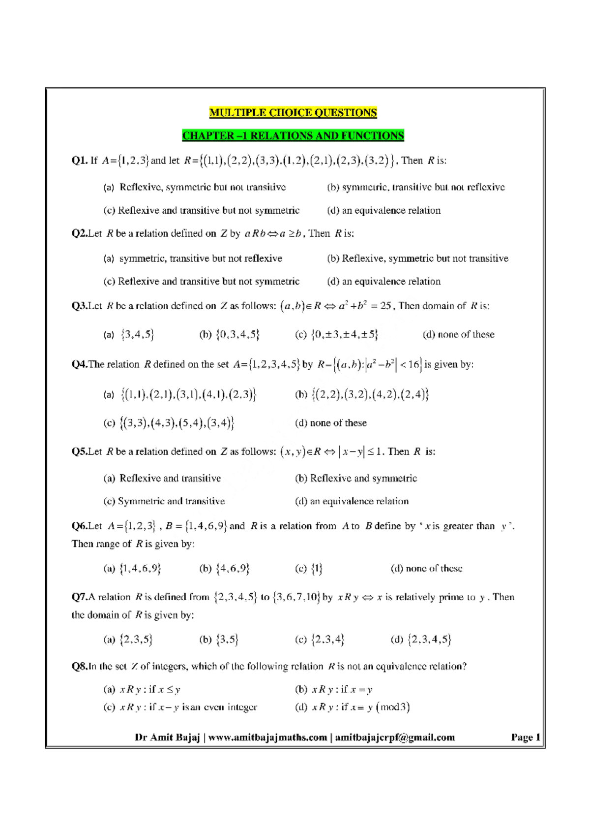 MCQ on Relations and Functions for 12th Math (Q1-Q24) - Studocu