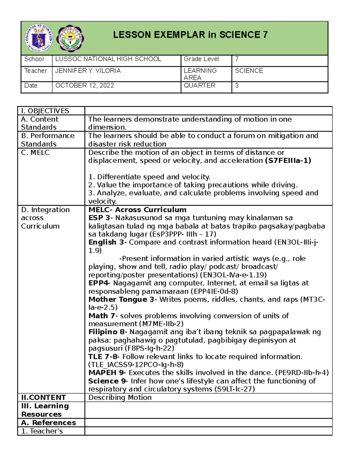 Science 7 Lesson Plan: Motion, Speed, and Velocity Activities - Studocu