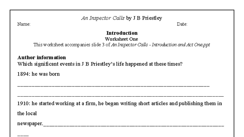 An Inspector Calls Worksheets (J B Priestley) - Act One & Two Analysis ...
