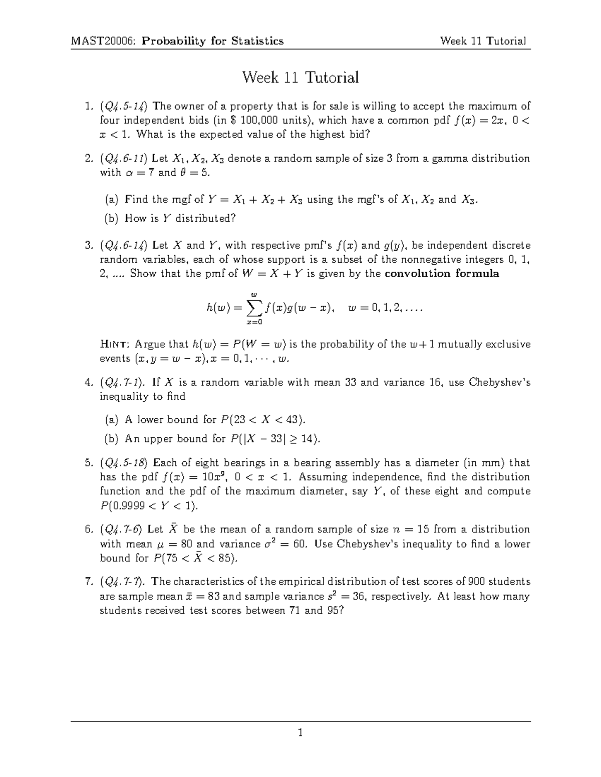 Probability for Statistics (STAT101) Week 11 Tutorial Sheet - Studocu