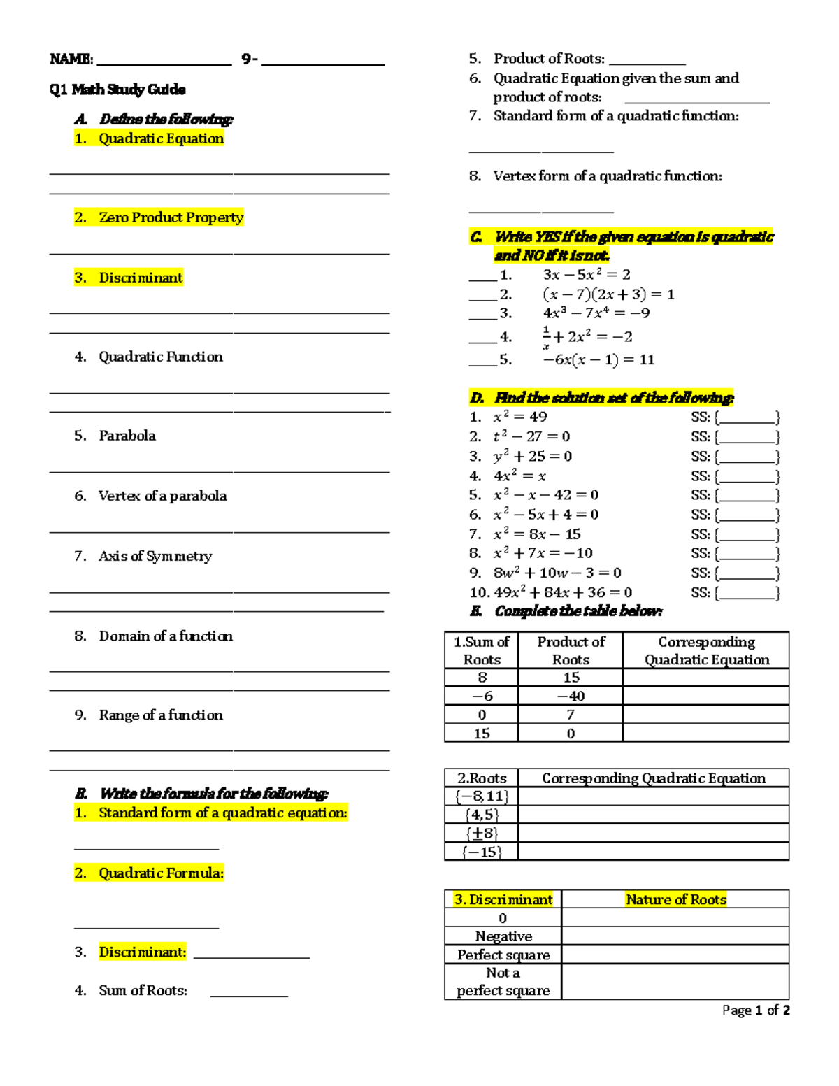 Q1 Math Study Guide: Quadratic Equations and Functions - Studocu