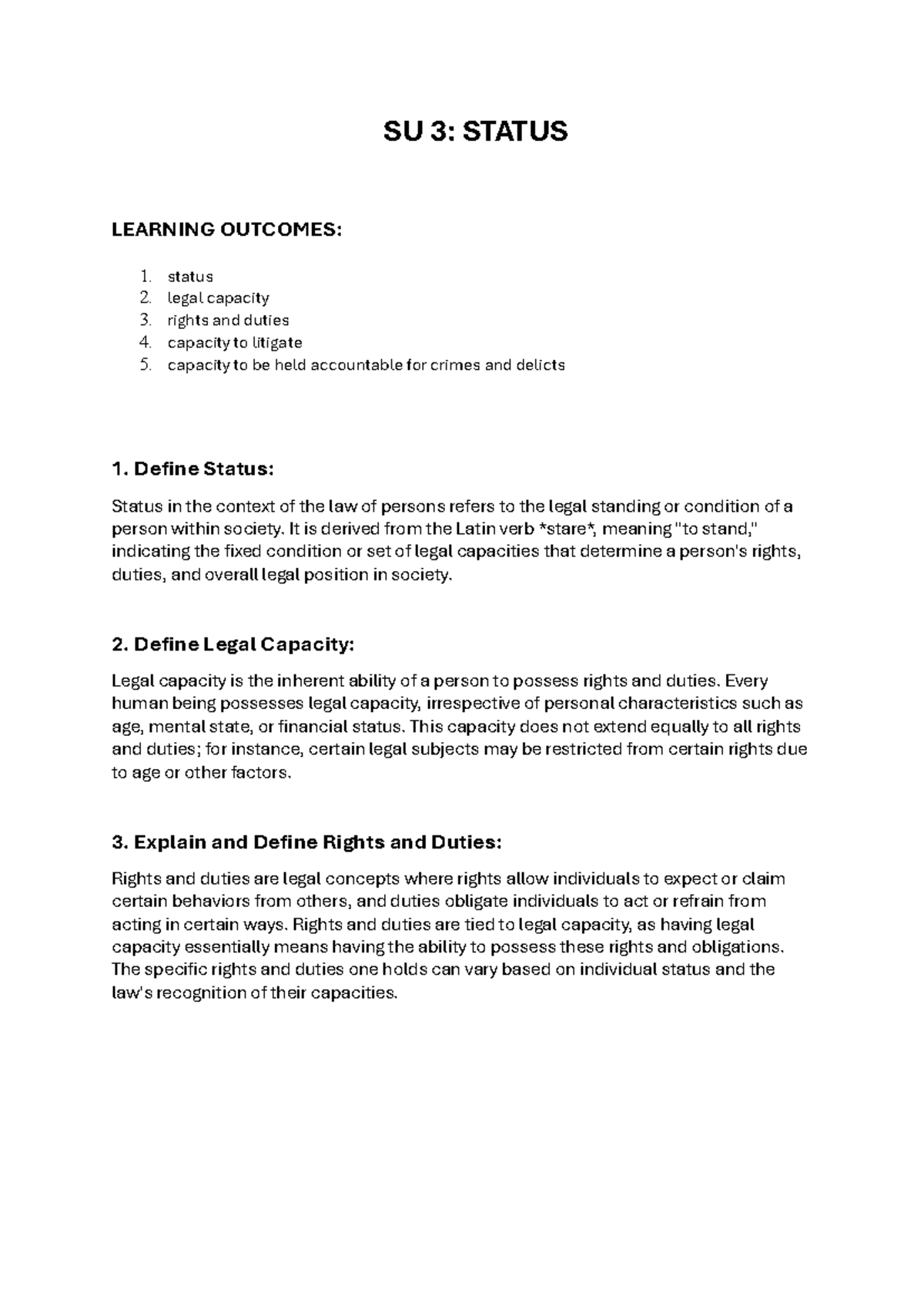 SU 7: Legal Status and Capacity - Key Concepts and Definitions - Studocu