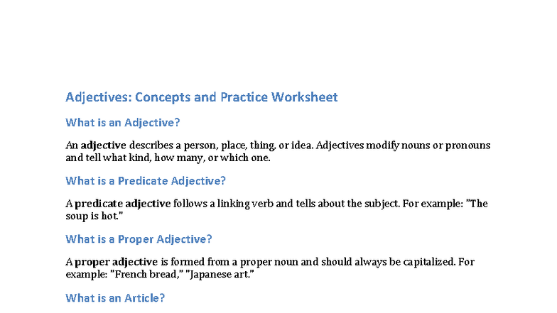 Adjectives: Concepts & Practice Worksheet (2025) - Studocu