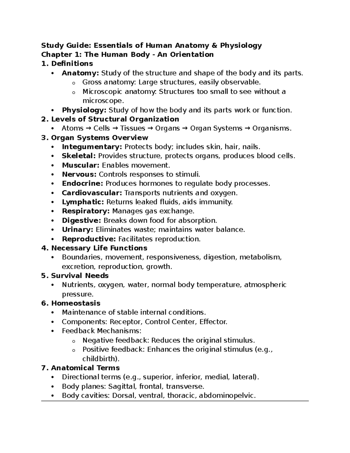 Study Guide: Essentials of Human Anatomy & Physiology (Ch. 1 & 2) - Studocu