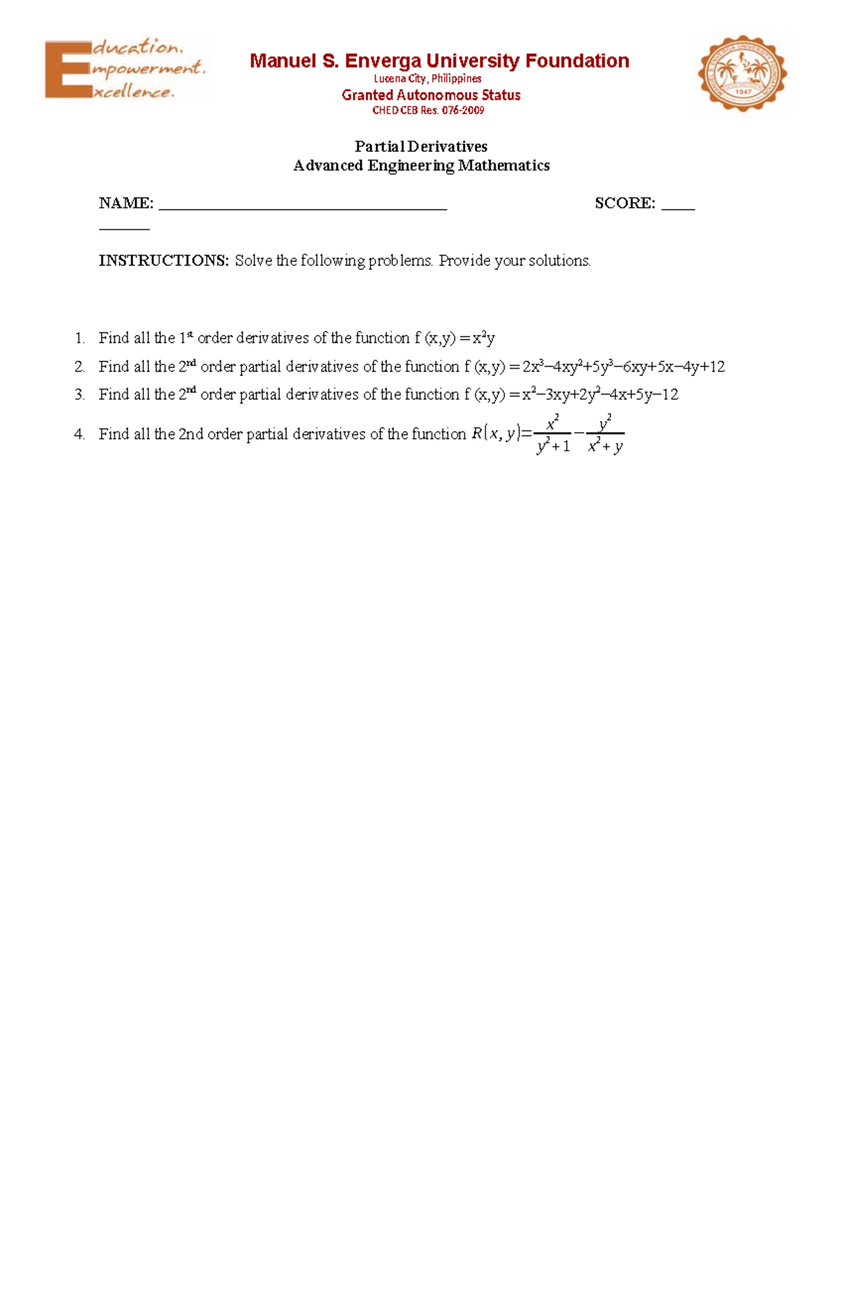 Partial Derivatives worksheet - Manuel S. Enverga University Foundation ...