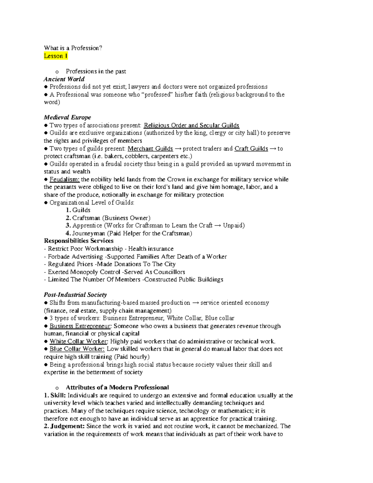 Notes for entire course - ENGR 201 - What is a Profession? Lesson 1 o ...