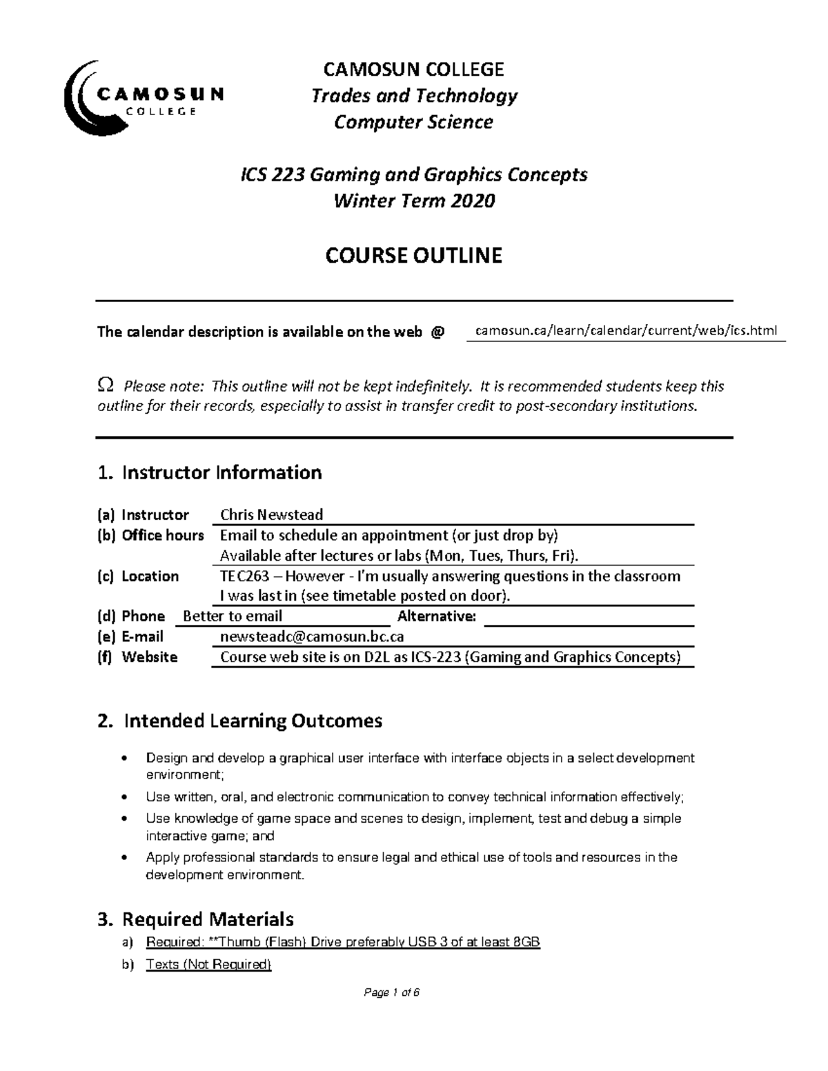 ICS 223 Course Outline: Gaming and Graphics Concepts (Winter 2020 ...