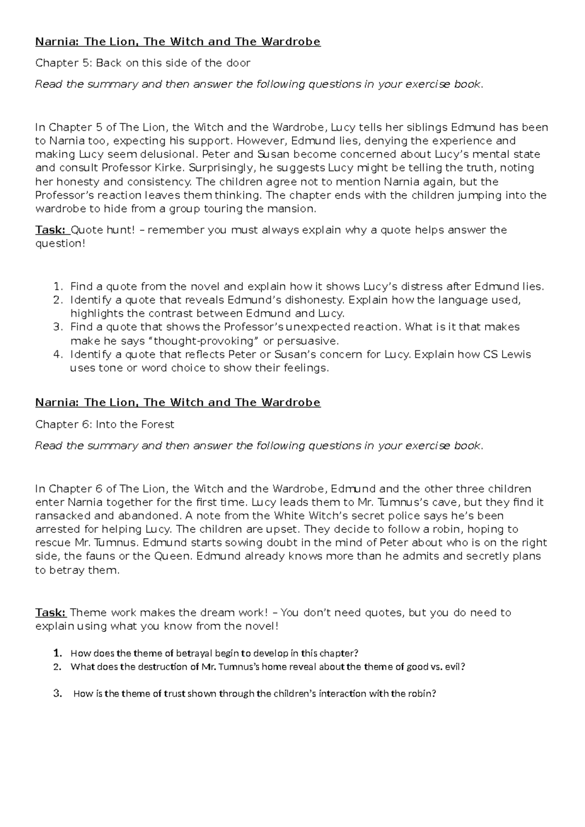 Chapters 5 & 6 Summary and Analysis - Narnia: LWW - Studocu