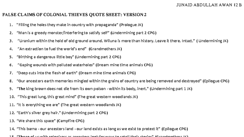 False Claims of Colonial Thieves: Quote Sheet V2 Analysis - Studocu