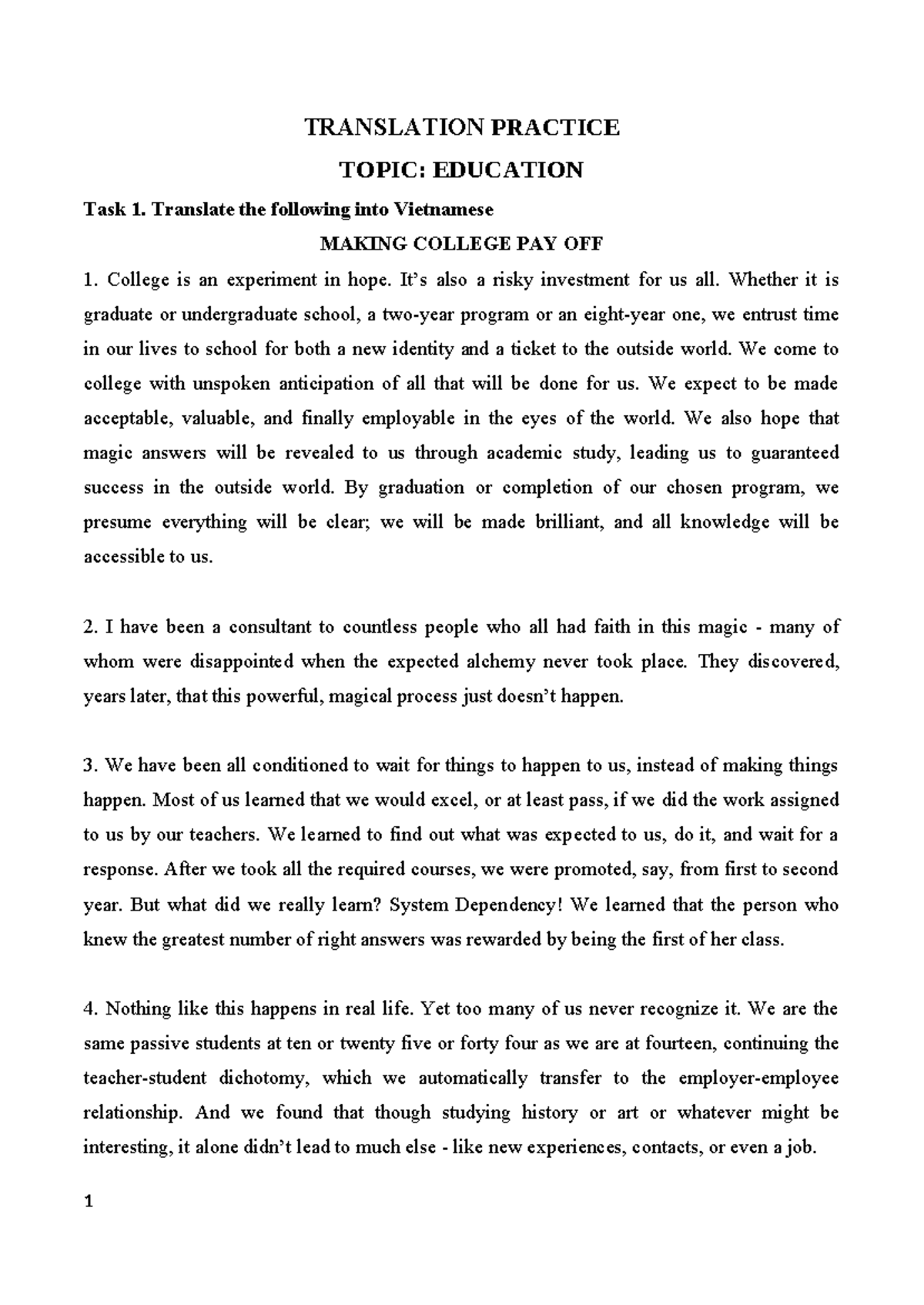 Translation Practice - Education - TRANSLATION PRACTICE TOPIC ...