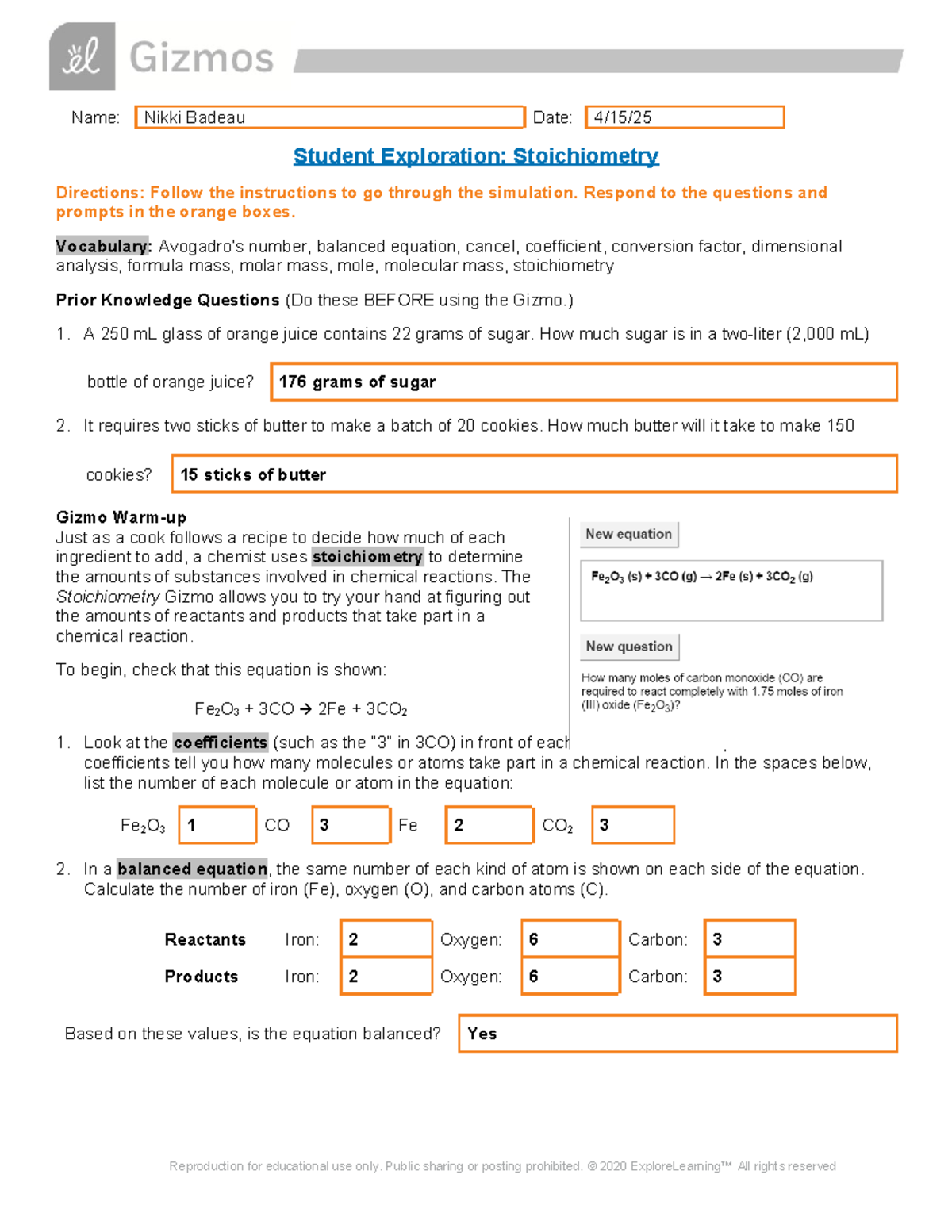 Student exploration: stoichiometry (D - chemistry lab online) - Studocu