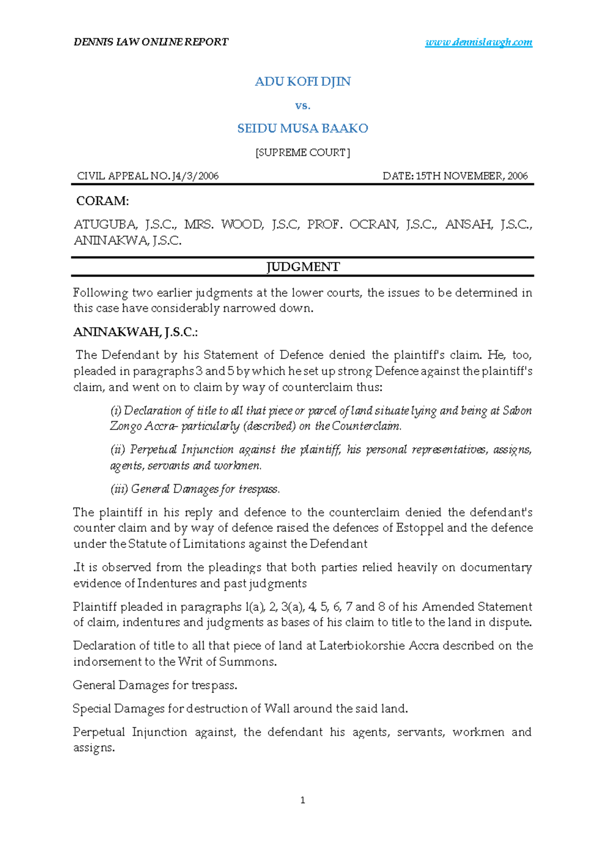 Supreme Court Case: ADU KOFI DJIN vs. SEIDU MUSA BAAKO (Civil Appeal J4 ...