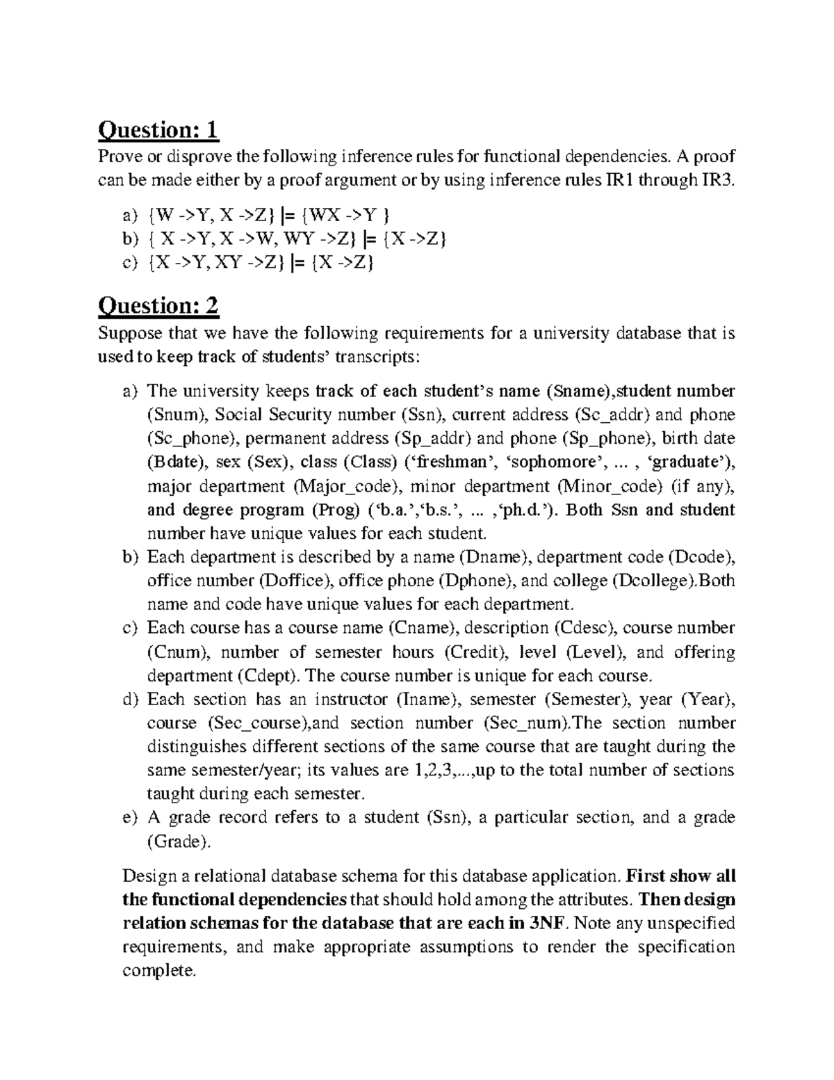 Database Practice Questions - Part 3: Normalization & Functional Dependencies - Studocu