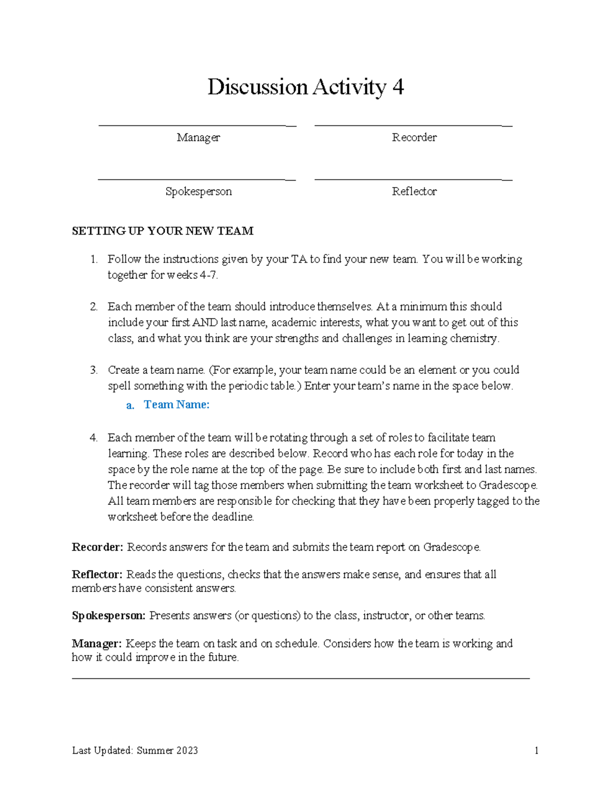 Discussion Activity 04: Team Roles & Enzyme Reactions in Chemistry ...