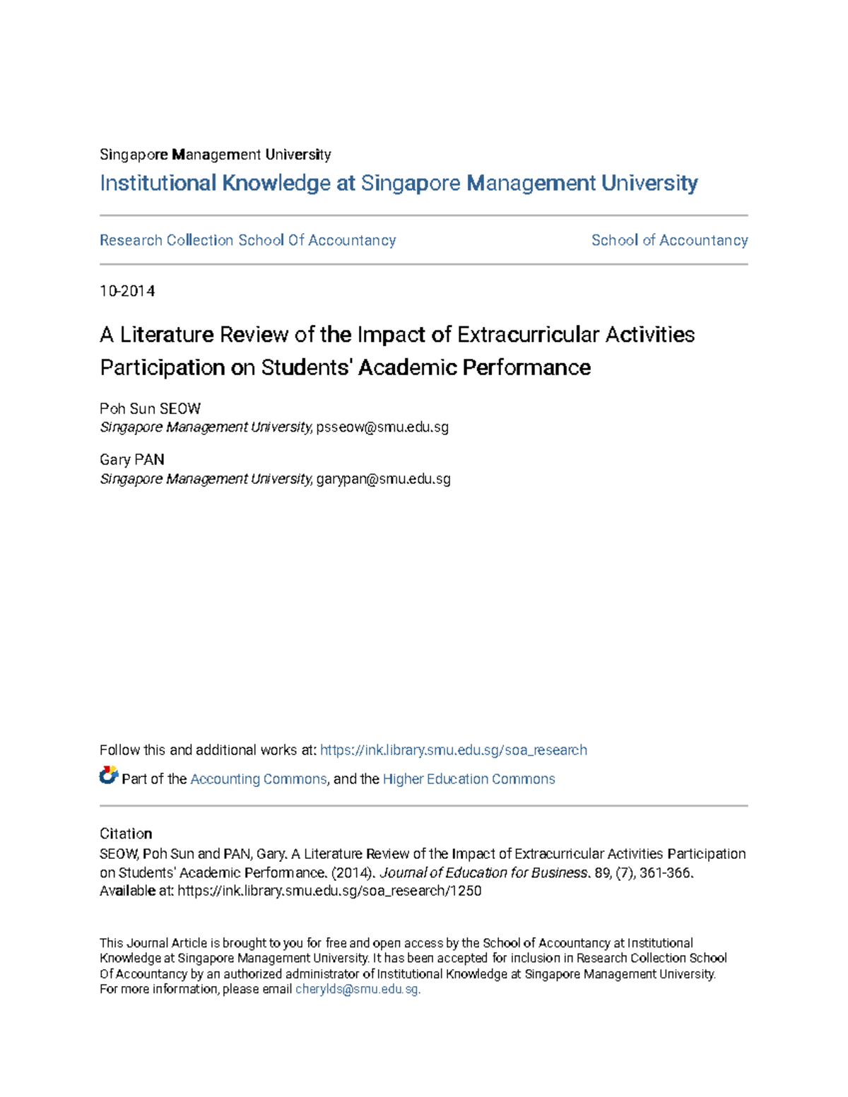 A Literature Review on ECA's Impact on Academic Performance (ACC 101 ...