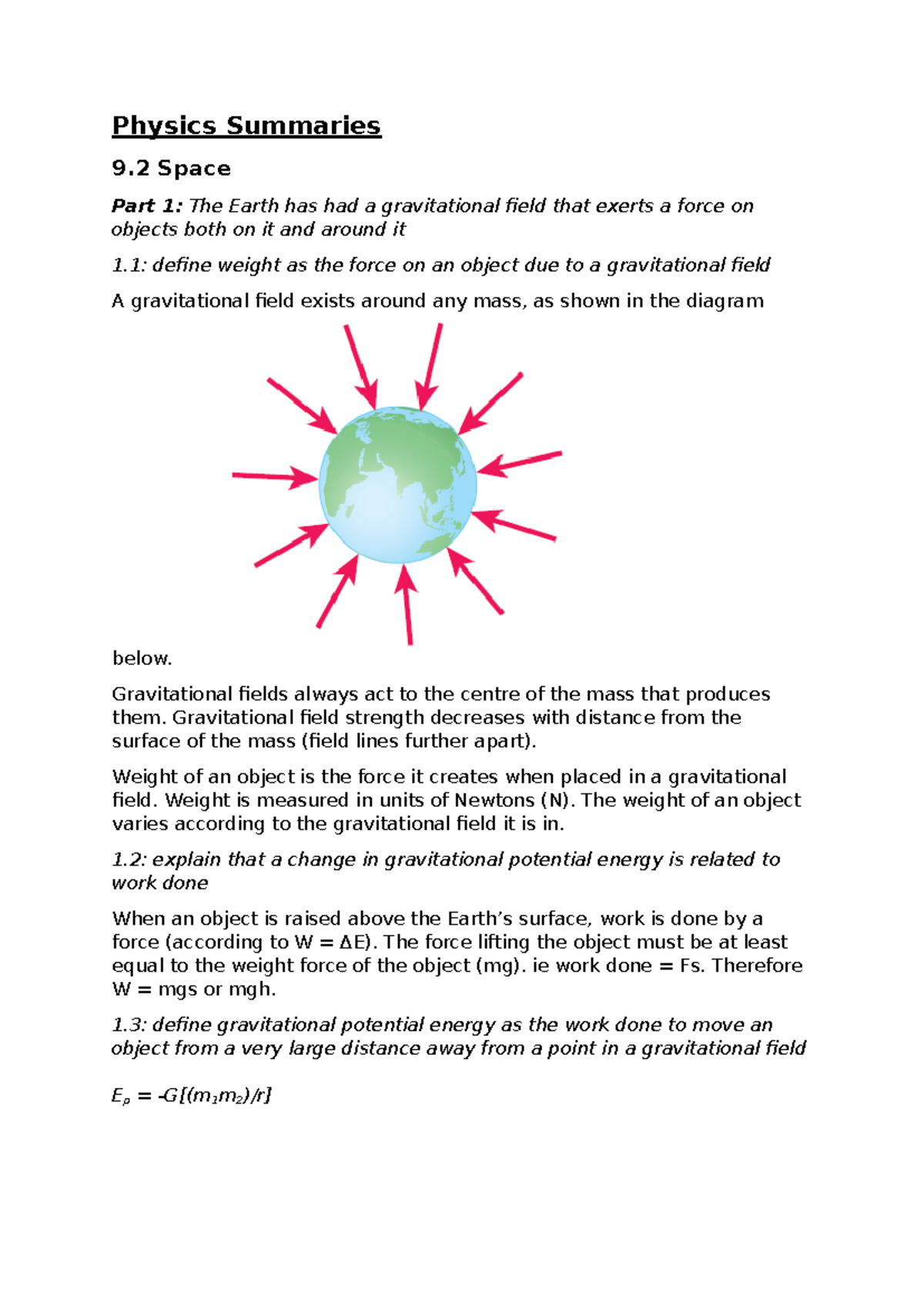 Physics Summaries 9.2: Gravitational Fields and Motion Analysis - Studocu