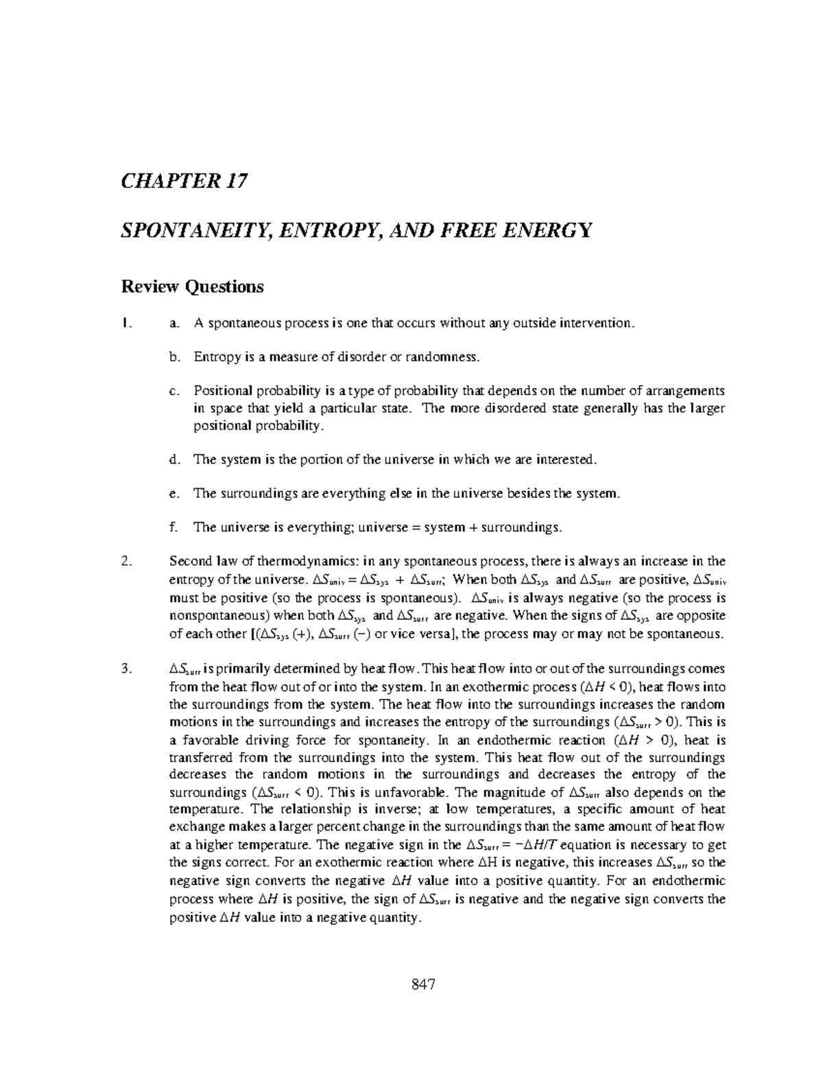CH 17 SPONTANEITY, ENTROPY, AND FREE ENERGY Review Questions and ...