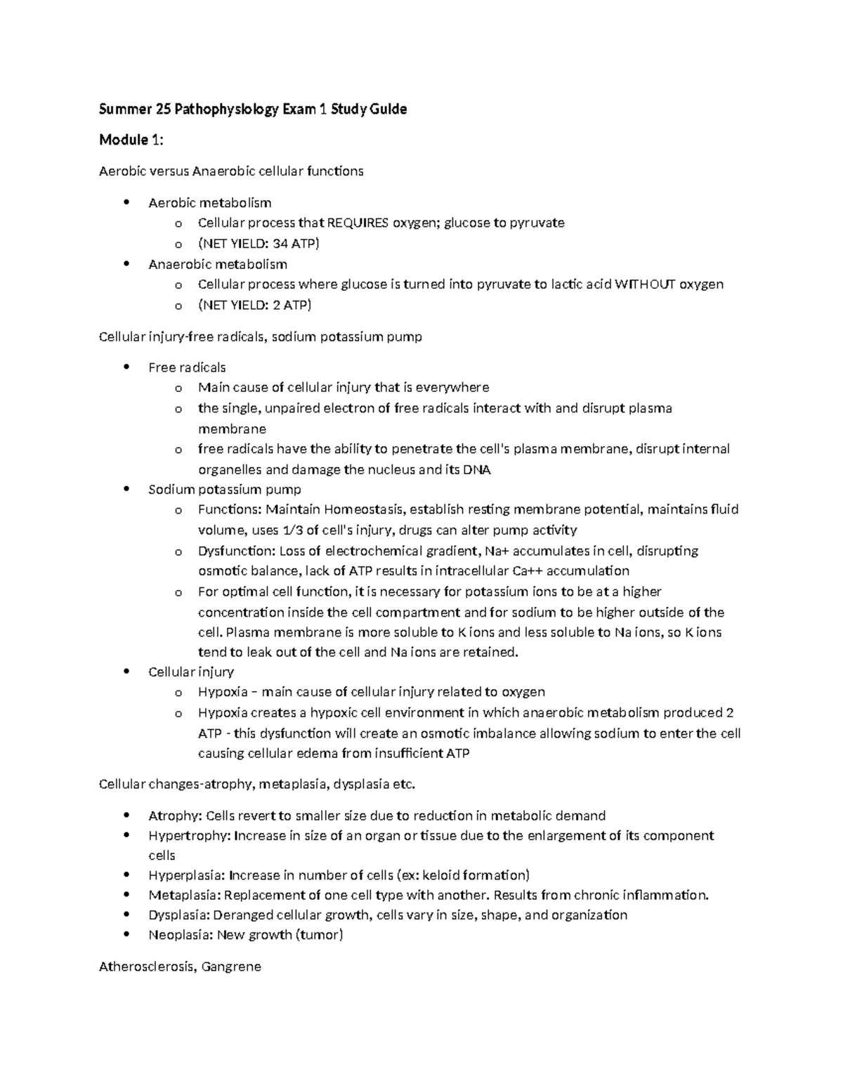 Pathophysiology Summer 25 Exam 1 Study Guide: Key Concepts & Clinical ...