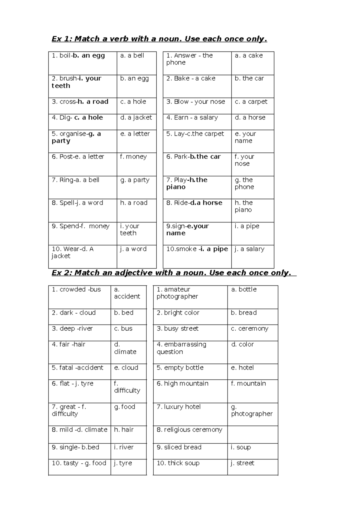 Ex 1: Verb-Noun Matching Exercises for Toán Course - Studocu