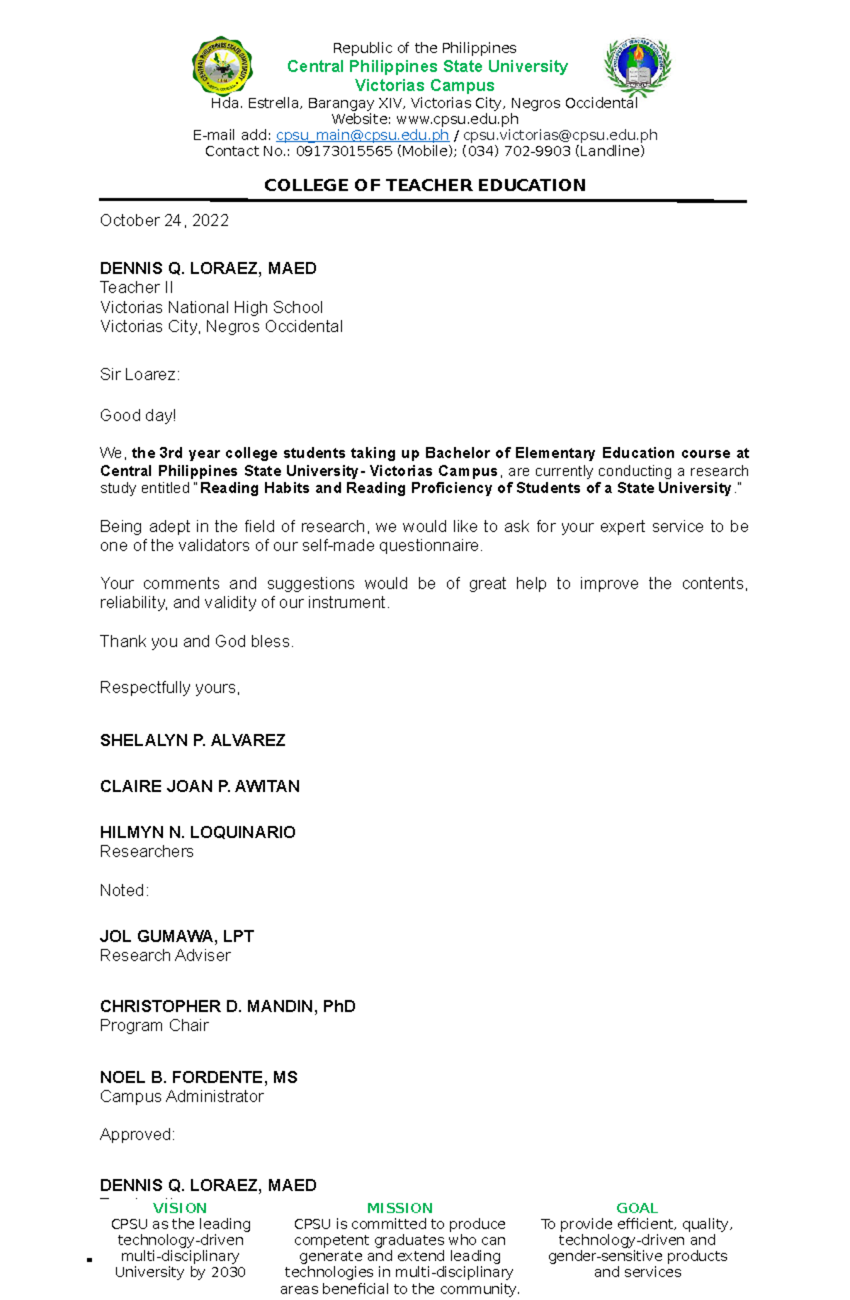 Validation Research Letter for Reading Habits and Flexible Learning ...