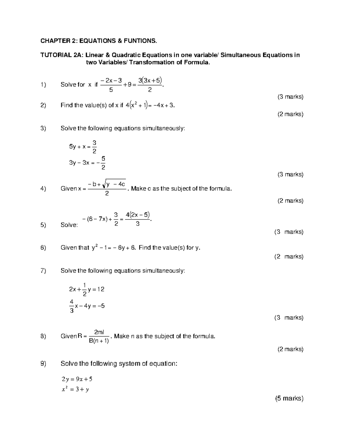 CHAPTER 2: TUTORIAL 2A - Linear & Quadratic Equations - Studocu