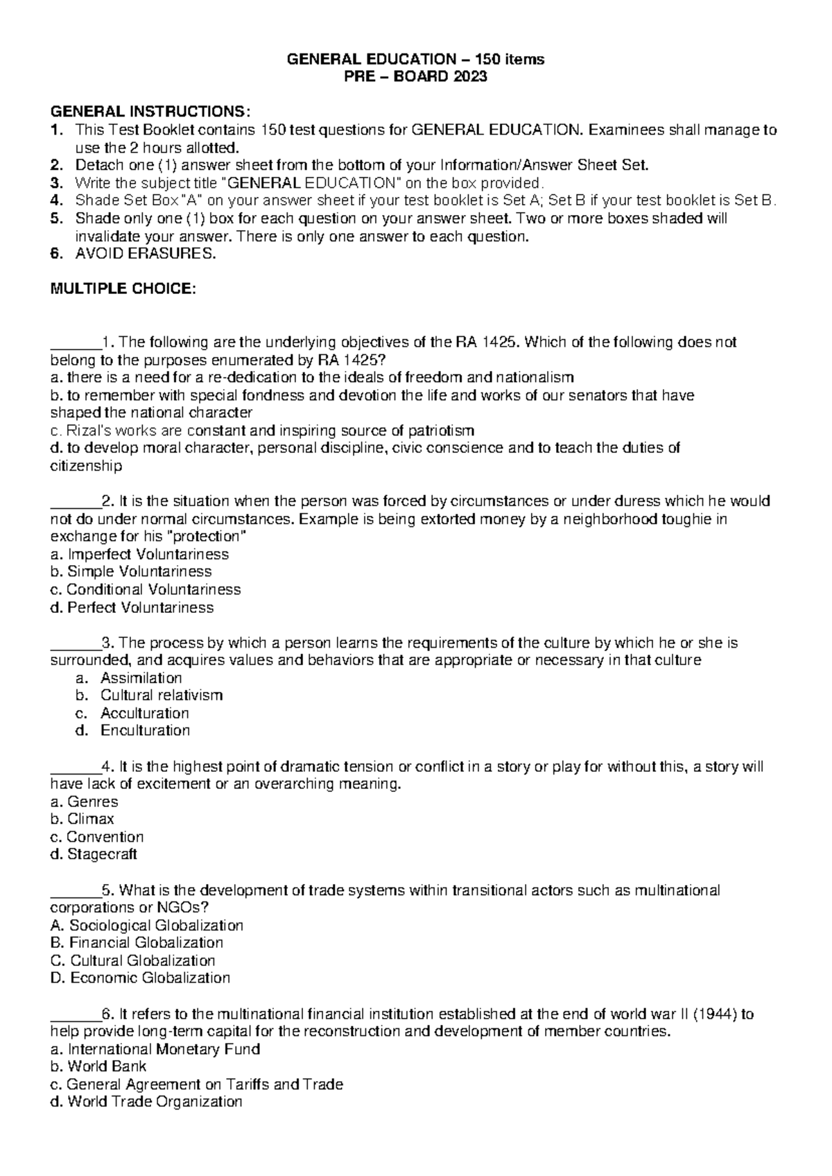 2023 Gen Ed PRE-BOARD Mock Exam Reviewer - 150 Questions - Studocu