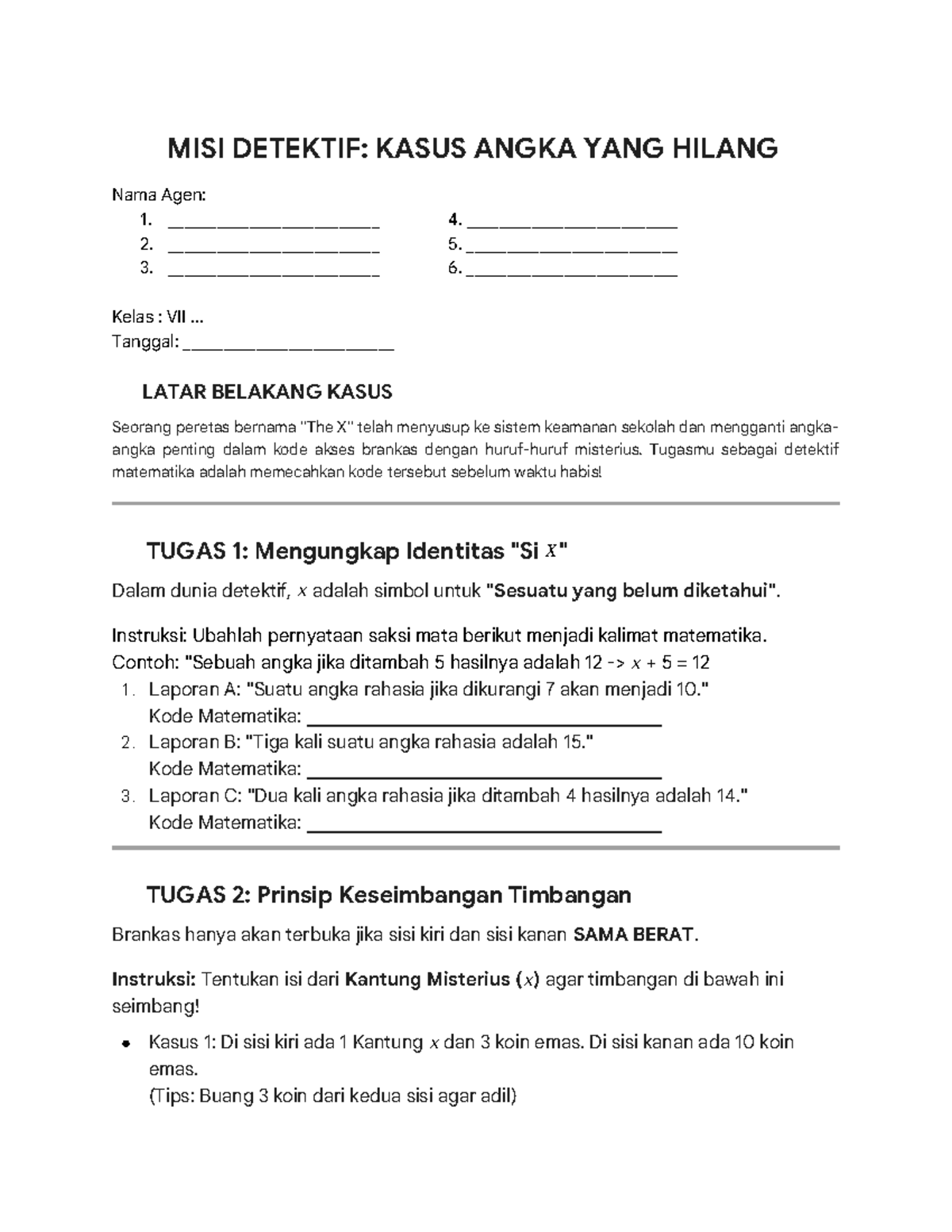 Lembar Kerja Detektif Aljabar Sederhana: Kasus Angka Hilang VII - Studocu