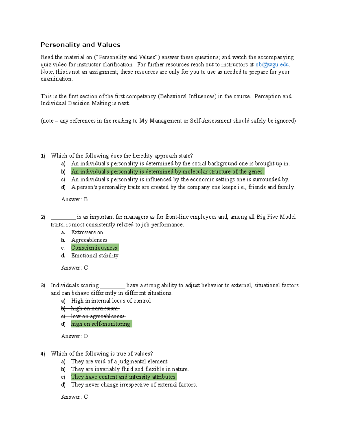 Personality and Values MCQ Review for Exam Preparation (OB-101) - Studocu