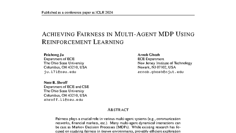 Achieving Fairness in Multi-MDPs via RL: ICLR 2024 Paper - Studocu