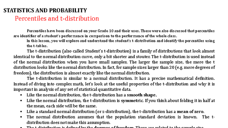 STATISTICS 10: Understanding Percentiles and t-Distribution Concepts ...