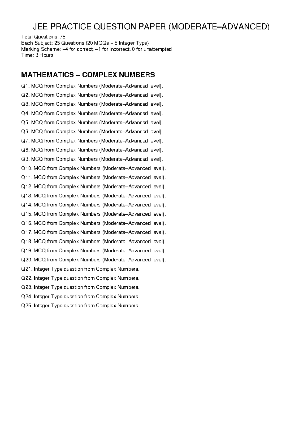 JEE Practice Question Paper: PCM Full (75 Questions) - Studocu