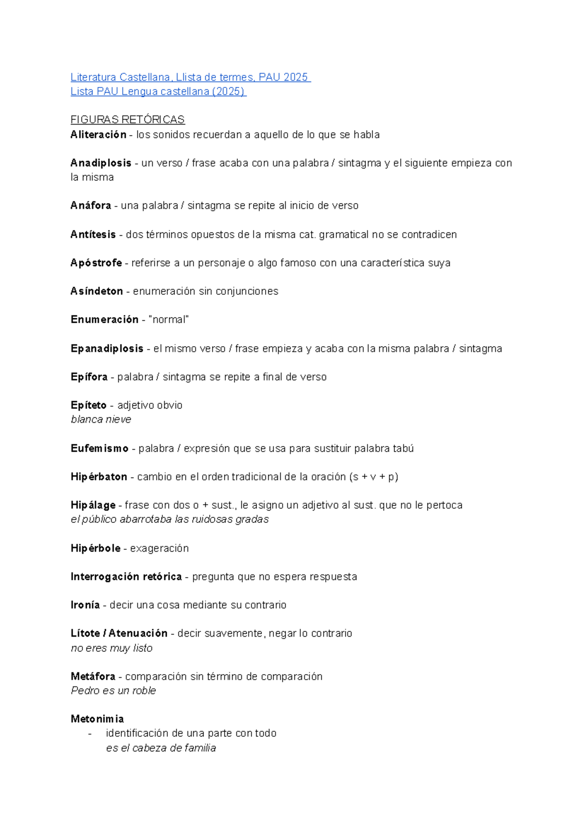 Literatura Castellana: Figuras Retóricas y Términos Literarios, PAU ...