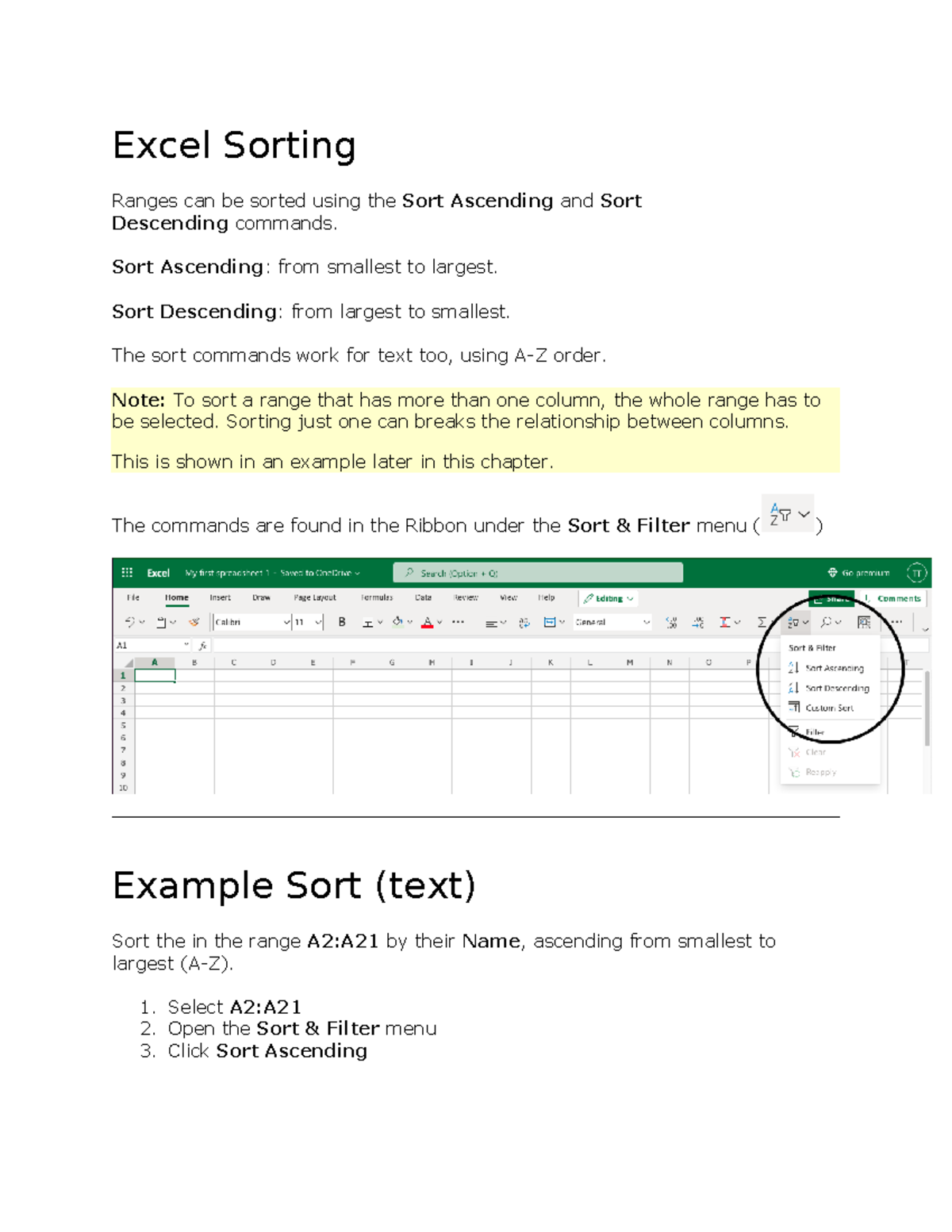 Excel Sorting - fgf - Excel Sorting Ranges can be sorted using the Sort ...