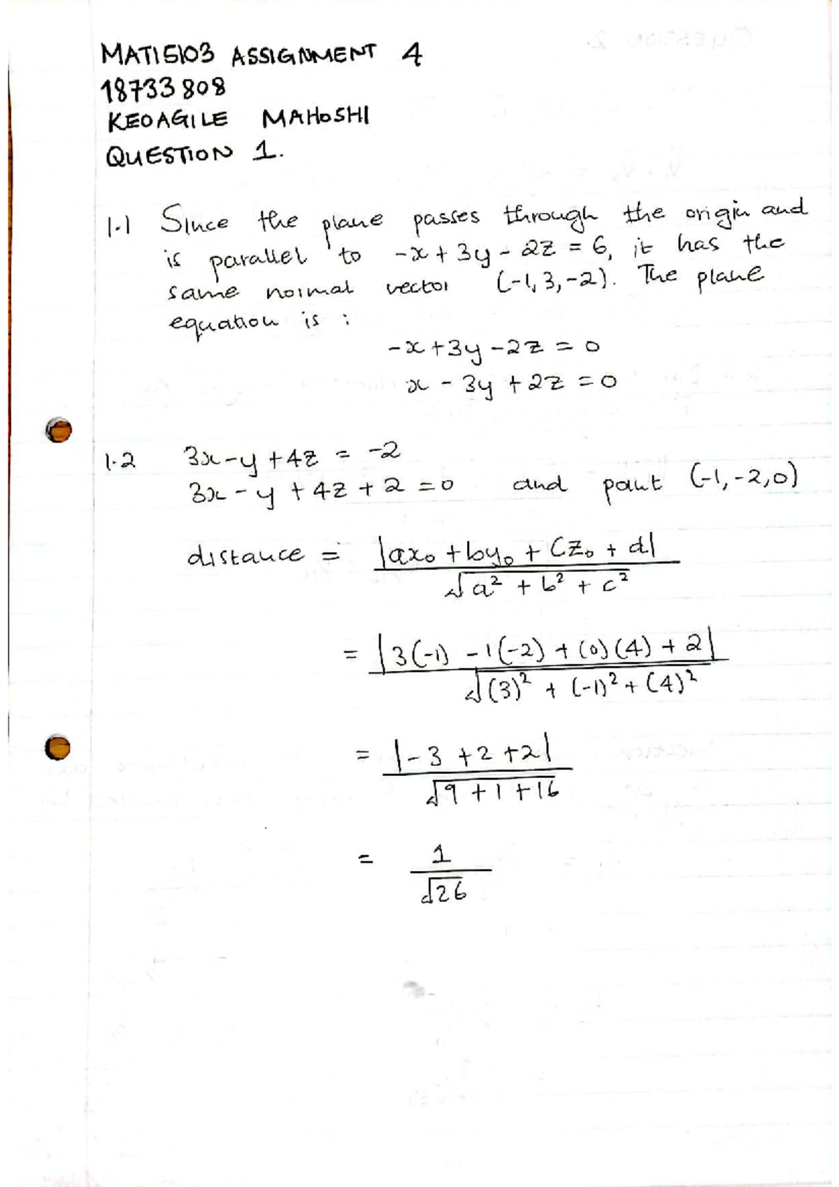 MAT1503 Assignment 4: Plane Equations and Orthogonal Vectors - Studocu