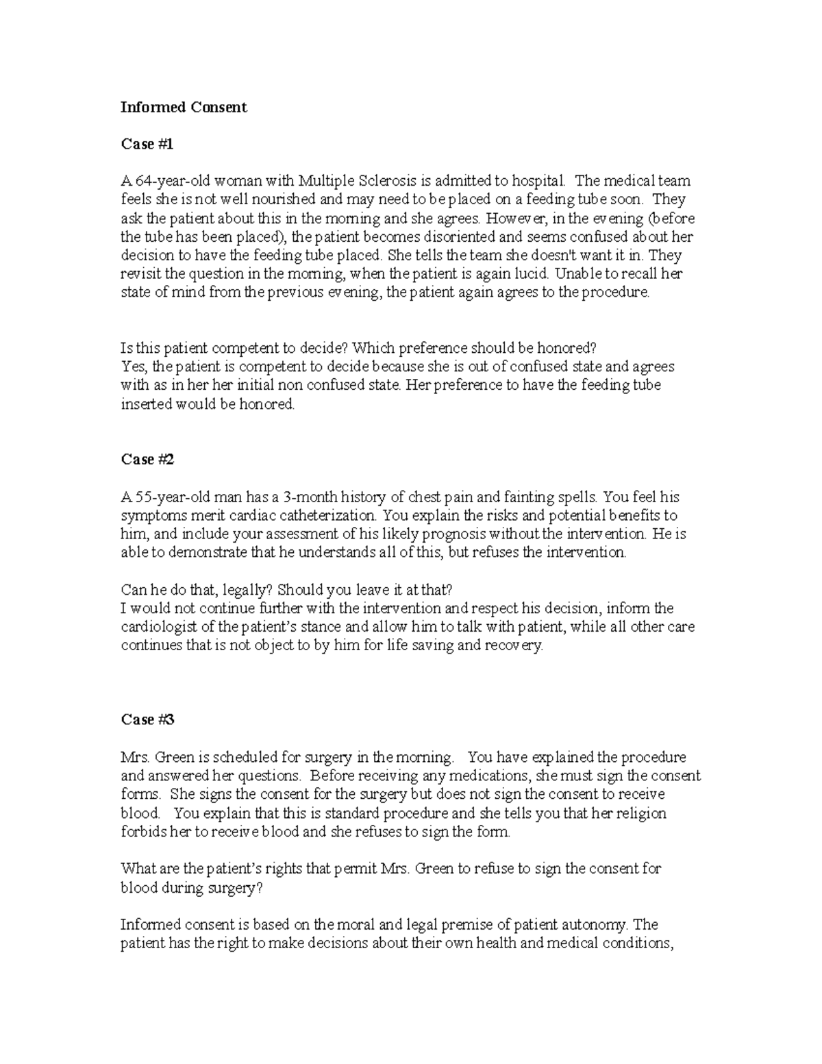 Informed Consent Case Studies in Healthcare Ethics (1) - Studocu