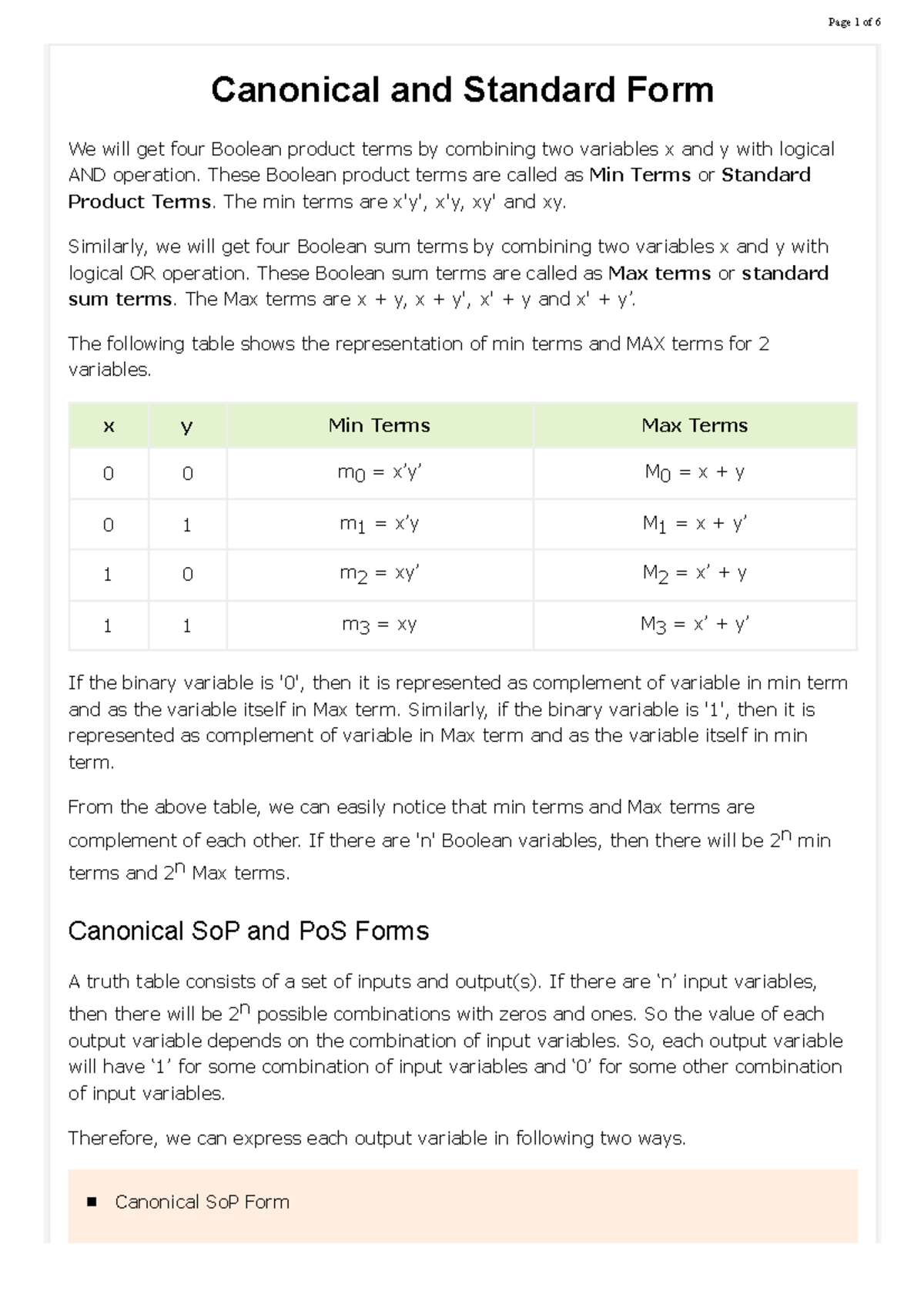 Canonical and Standard Forms of Boolean Functions (CS 101) - Studocu