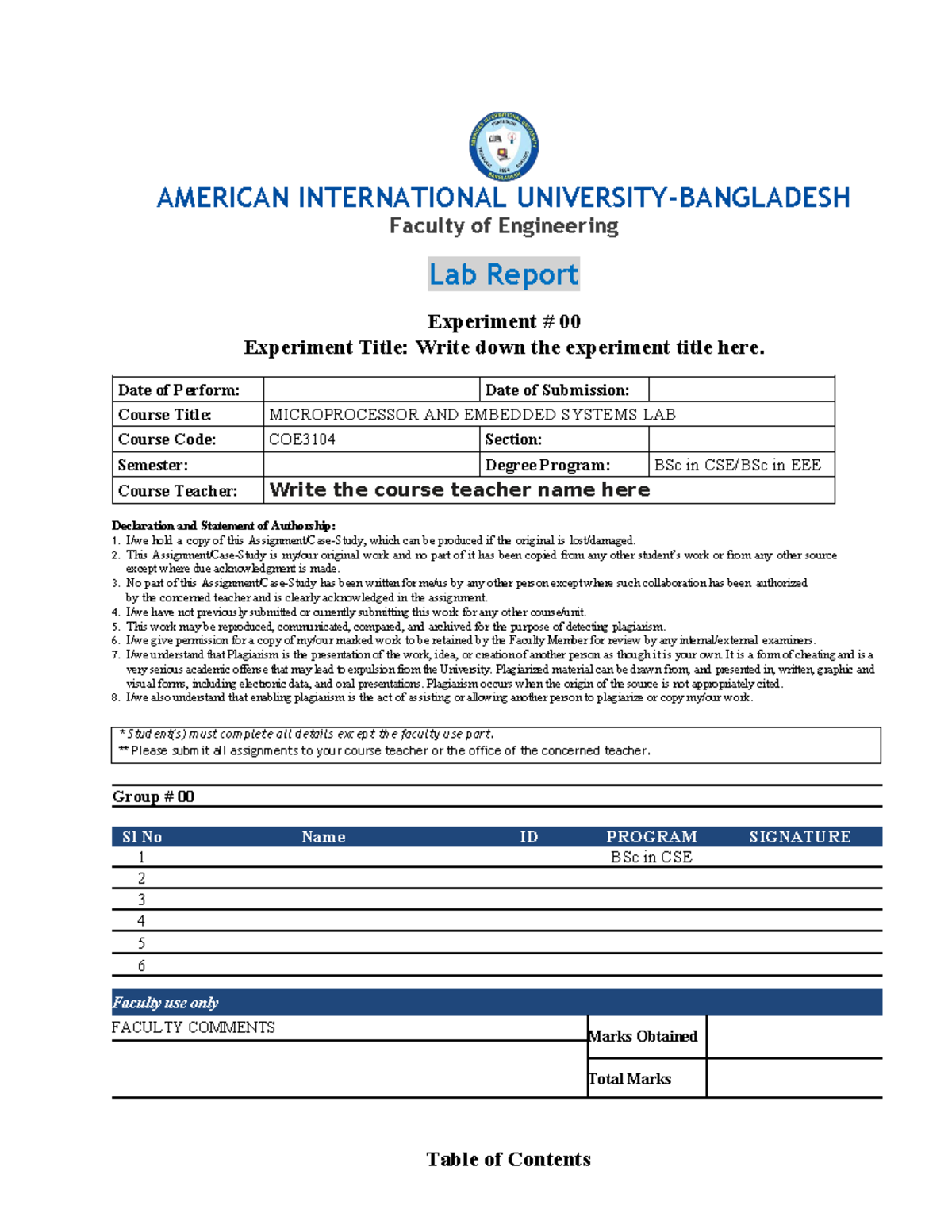 Microprocessor And Embedded Systems Lab Report Template - AMERICAN ...