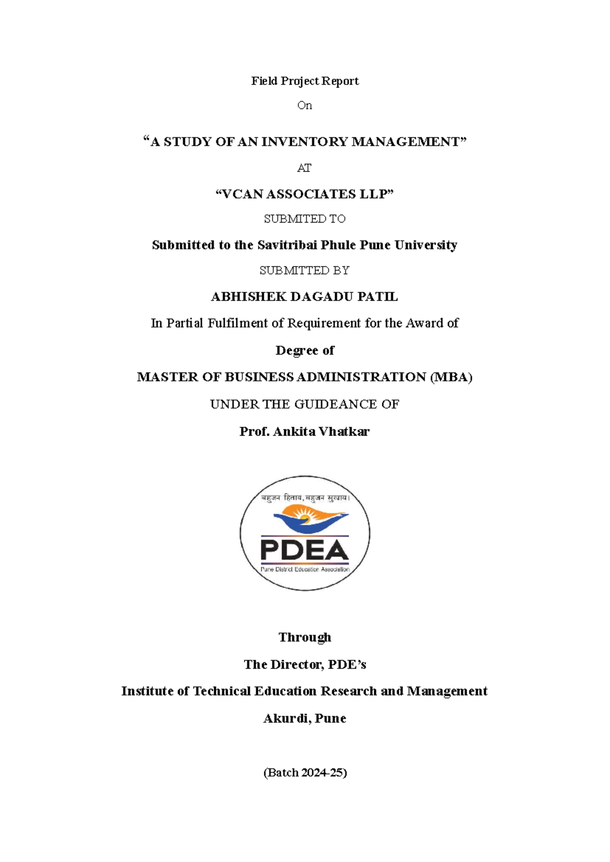 Field Project Report on Inventory Management - MBA Final Project - Studocu